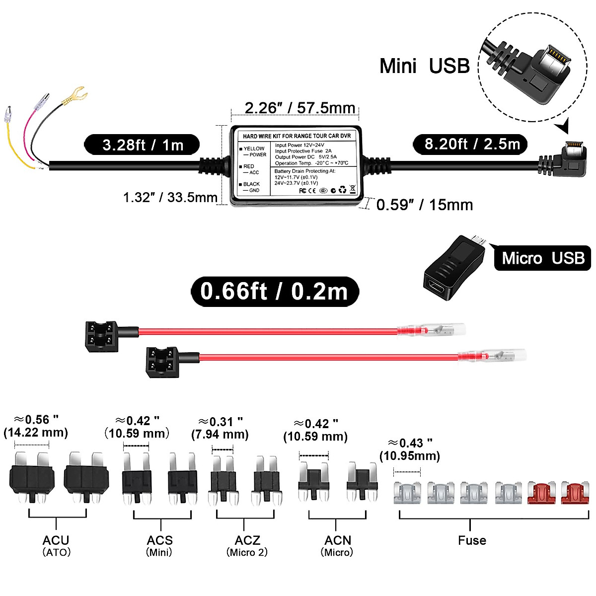 Range Tour Dash Cam Hardwire Kit Mini USB,12V-24V to 5V 2.5A Car Dash Camera Charger Power Cord, 3 cores, 4 Types / 8 adapters and 6 fuses, Hard Wire Kit Fuse for Dash Cam