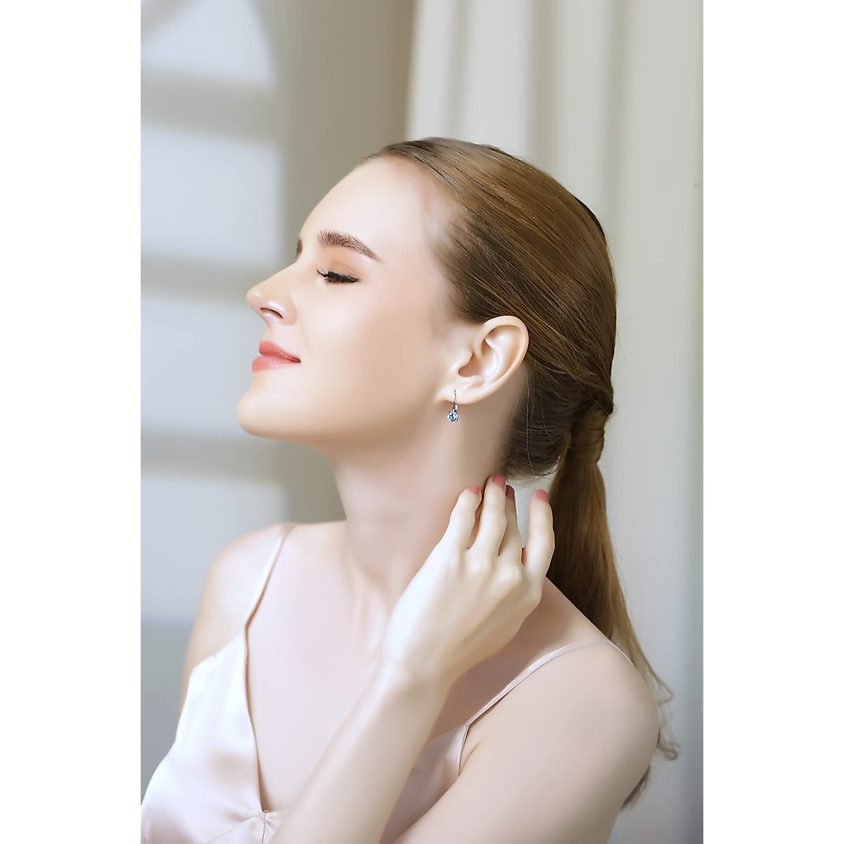 Leverback Earrings for Women Sterling Silver Light Blue Crystal Round-cut Drop Earring for Bridesmaids