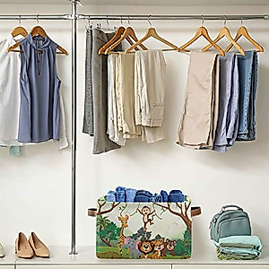 ALAZA Decorative Basket Rectangular Storage Bin, Animal Jungle Monkey Tiger Giraffe Lion Elephant Organizer Basket with Leather Handles for Home Office