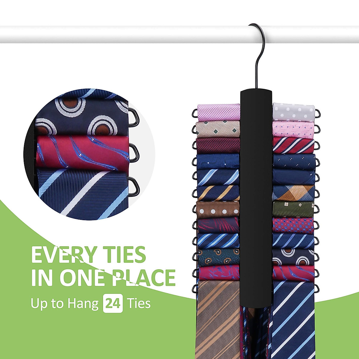Upgraded Tie Rack Hanger for Closet with 24 Metal Hooks, Space Saving Necktie Organizer for Men, Sturdy Wooden Large Capacity Tie Holder, Closet Organizers and Storage, Black