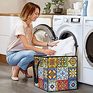 Kigai Mexican Talavera Cube Storage Bins, 13x13x13inch Collapsible Fabric Storage Cubes Organizer with Handles Decorative Storage Baskets for Home, Shelf, Closet