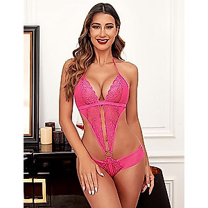 Avidlove Womens Teddy Lingerie Sexy Lace Bodysuit One Piece Babydoll Lingerie Hot Pink