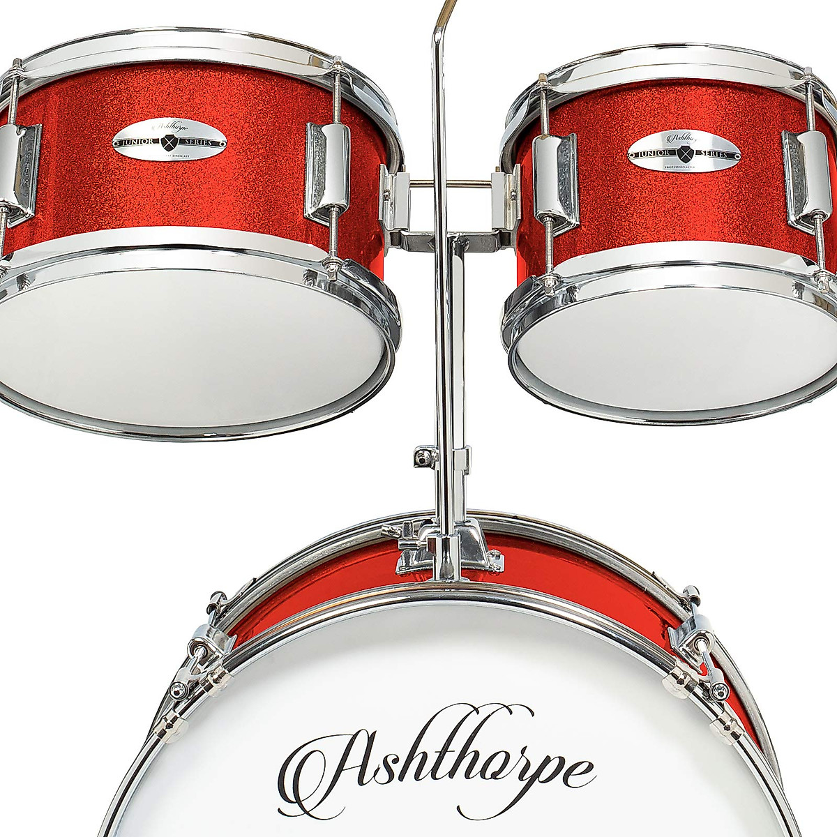 Ashthorpe 5-Piece Complete Junior Drum Set with Genuine Brass Cymbals - Advanced Beginner Kit with 16" Bass, Adjustable Throne, Cymbals, Hi-Hats, Pedals & Drumsticks - Red