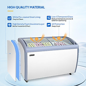 ROVSUN 12.7 Cu.Ft Commercial Ice Cream Freezer ETL NSF Certified, 50" Ice Cream Display Case Glass Top Chest Freezer w/LED Light 4 Removable Baskets Lockable Wheels Sliding Door for Store Supermaket