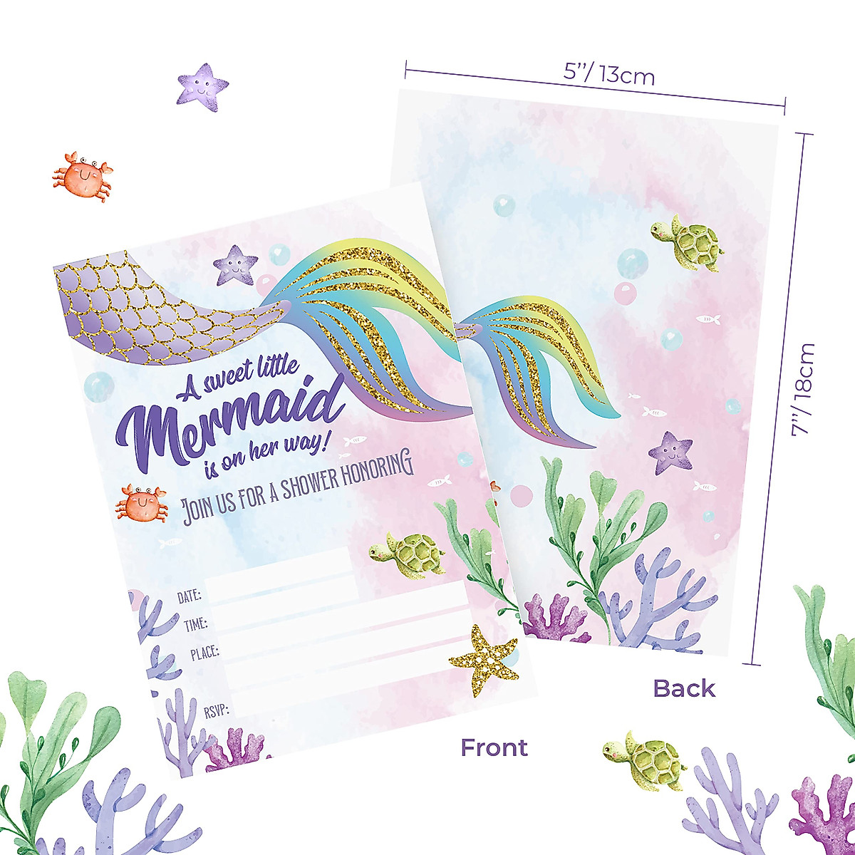 Mermaid Baby Shower Invitations with Envelopes Pack of 20 | Mermaid Birthday Invites 5" x 7" Cards - Ideal for Under-the-Sea Party Decorations & Ocean Party Supplies for Girls