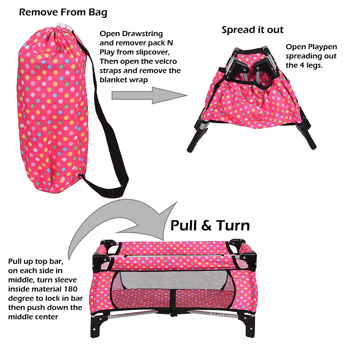 fash n kolor 4 Piece Doll Play Set, includes - 1 Pack N Play. 2 Doll Stroller 3.Doll High Chair. 4.Infant Seat, Fits Up to 18'' Doll (4 Piece Set)