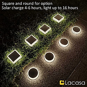 Lacasa Solar Deck Lights Outdoor Waterproof LED, Step Lights Solar Powered Driveway Dock Lights Marine, White 4000K, Dusk to Dawn, Stick on Ground for Garden Steps Yard Patio Pathway, Square, 4 Pack