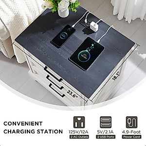 ACCOHOHO Farmhouse Nightstand with Charging Station, 24 Inch Wide End Table with 3 Large Drawers & Bar Handles, Rustic Wood Small Dresser Chest of Drawers for Bedroom, Living Room, Closet, Off White