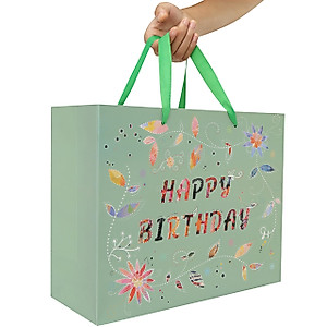 13” Large Happy Birthday Gift Bag Set with Handles, Greeting Card, Tissue Papers and Stickers for Women Girls, Green Floral Design, 1 Pcs