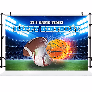 Ticuenicoa 5×3ft Sports Birthday Backdrop Boys Football Basketball Baseball Kids Birthday Background It's Game Time Kids Sports Theme Birthday Party Banner Wall Decorations Props
