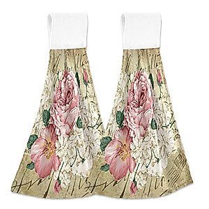 Vintage Pink Rose Kitchen Hand Towels with Hanging Loop 2 Pack Retro Floral Flower Leaves Stamp Chic Beige Soft Absorbent Kitchen Dish Tie Towel Tea Bar Towels Washcloth for Bathroom Kitchen Decor