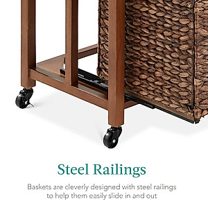 Best Choice Products Vertical Rolling File Cabinet, Multipurpose Portable Water Hyacinth Basket Organizer for Home Office, Workspace w/Rubberwood Frame, Metal Sliders, Locking Caster Wheels - Mocha