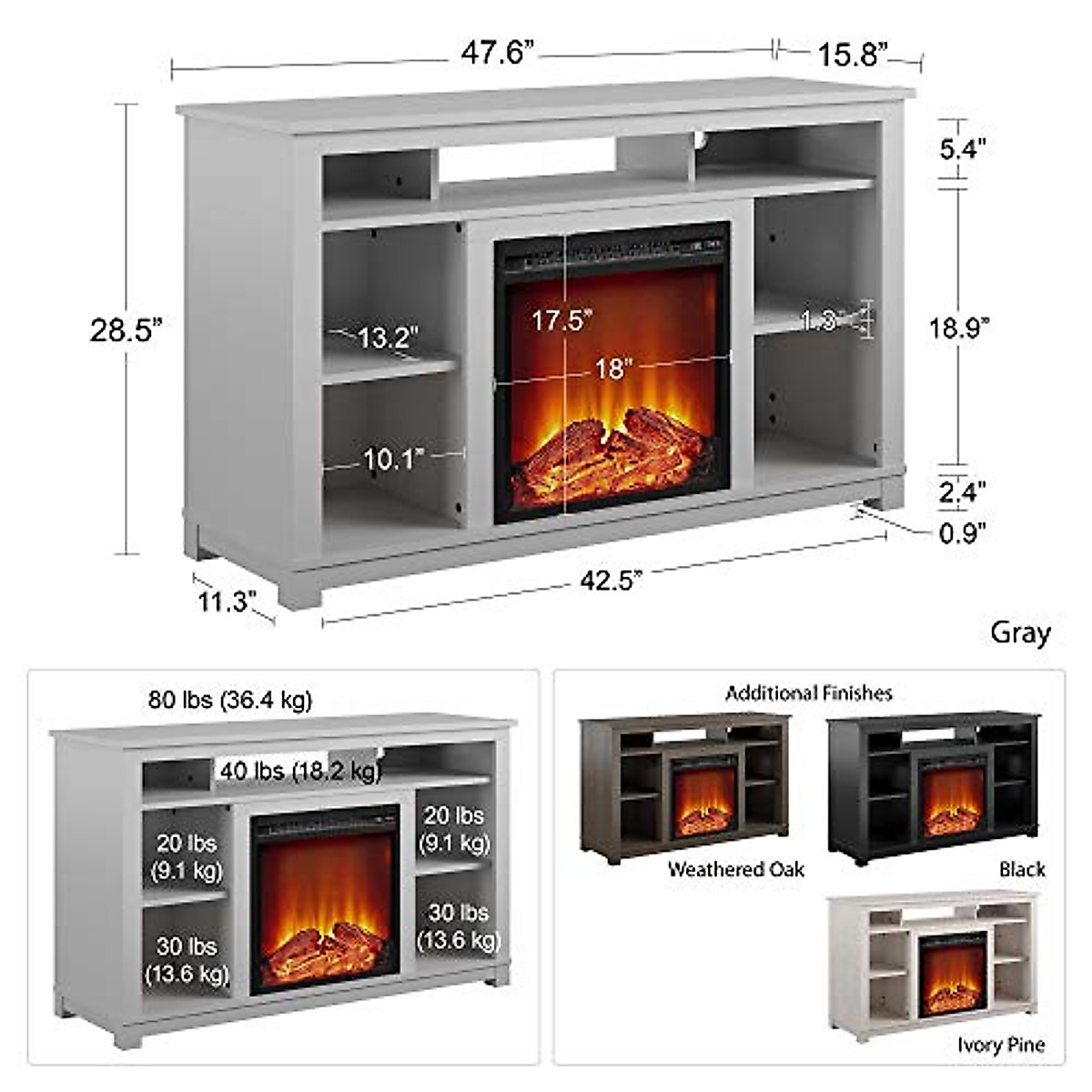 Ameriwood Home Edgewood Fireplace TV Stand for TVs up to 55", Ivory Pine
