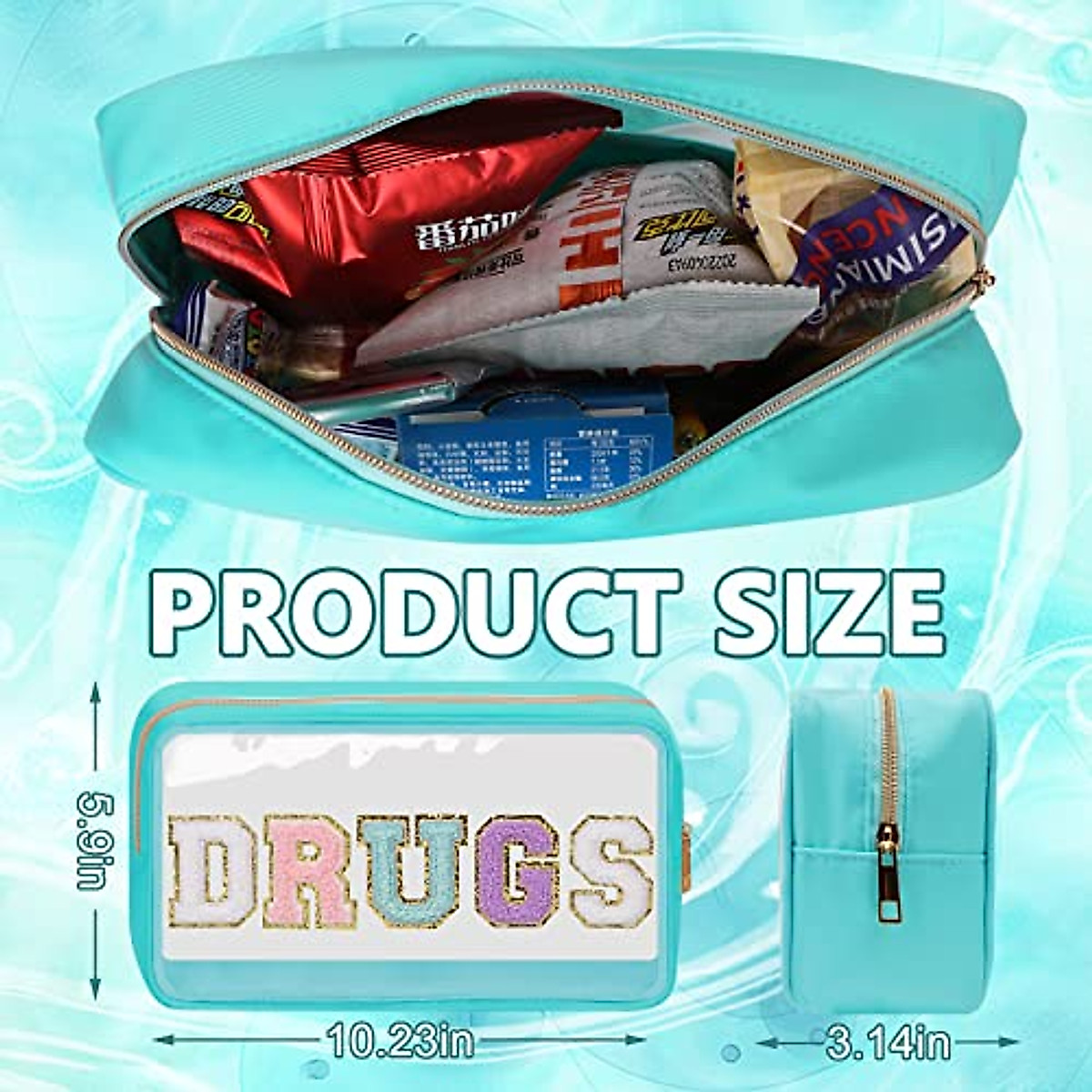 Iqimott Preppy Patch Clear Makeup Bag, Women Chenille Letter Cosmetic Bag for Travel, Nylon Waterproof Organization Outdoor Zipper Pouch Toiletry Bag for Women Girls(Green)