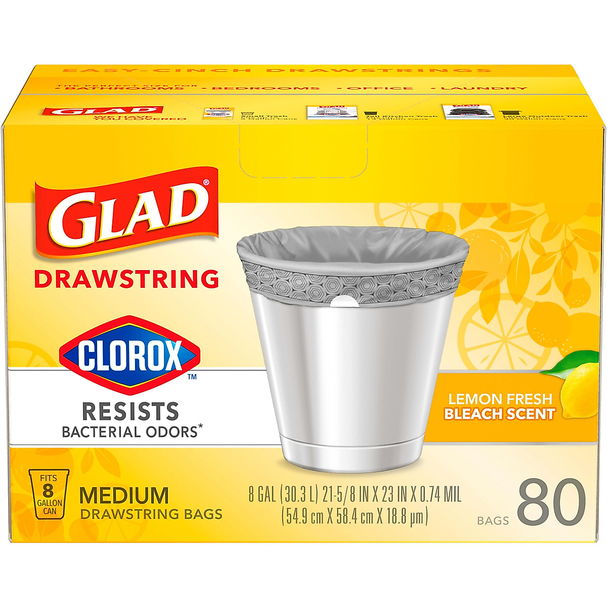 Glad Medium Drawstring Trash Bags with Clorox, 8 Gal, Lemon Fresh Bleach, 80 Ct (Package May Vary)