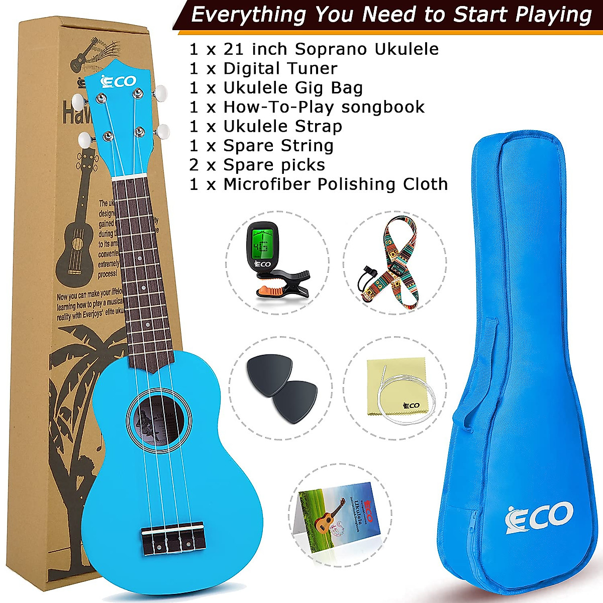 iECO Soprano Ukulele Beginner Kit for Kids Adults 21 Inch Ukelele w/Case Strap Tuner Strings Picks (Blue)