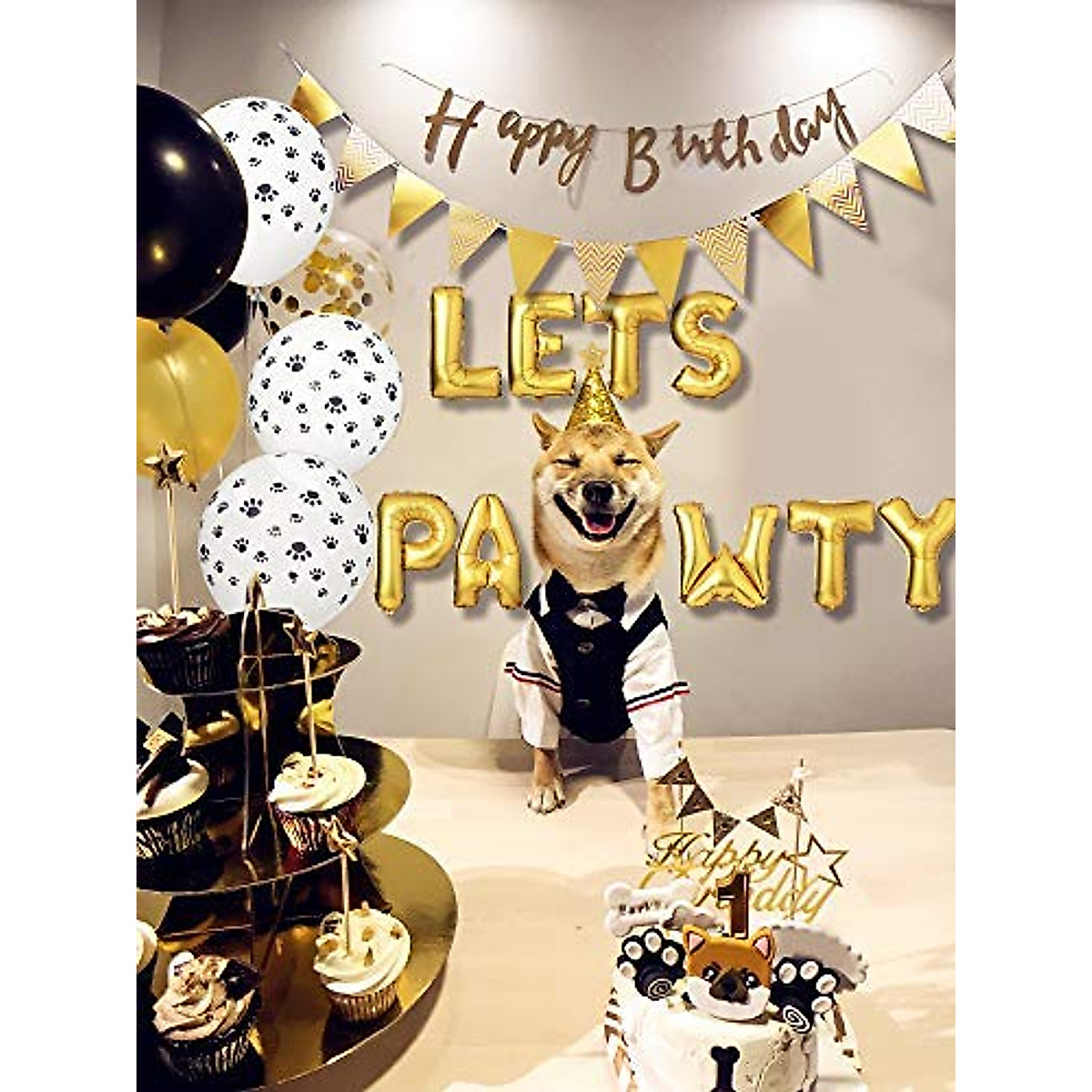 Legendog 23PCS Dog Party Decor Set Fashion Party Banner Cone Hat Party Balloon with Pump (Golden)