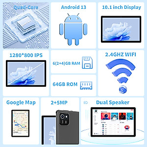 JUNINKE Android Tablet, 10 inch Tablet for Kids with Case, 64GB ROM 512GB Expand, Quad-Core Processor, 1280x800 IPS Screen, GPS, WiFi, Dual Camera, Bluetooth, 6000mAh