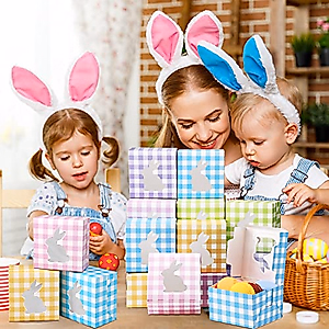 24 Pcs Easter Treat Boxes 5 Candy Colors Cardboard Box with Rabbit Bunny Shape Window Colorful Paper Easter Candy Box Easter Containers Cardboard Easter Cookie Basket Spring Easter Gift Boxes (Plaid)