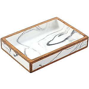 MyGift 4 Piece Marbled Design White and Black Resin Bathroom Countertop Accessories Set with Decorative Wood Trim Includes Pump Lotion Dispenser, Tumbler, Toothbrush Holder and Soap Dish