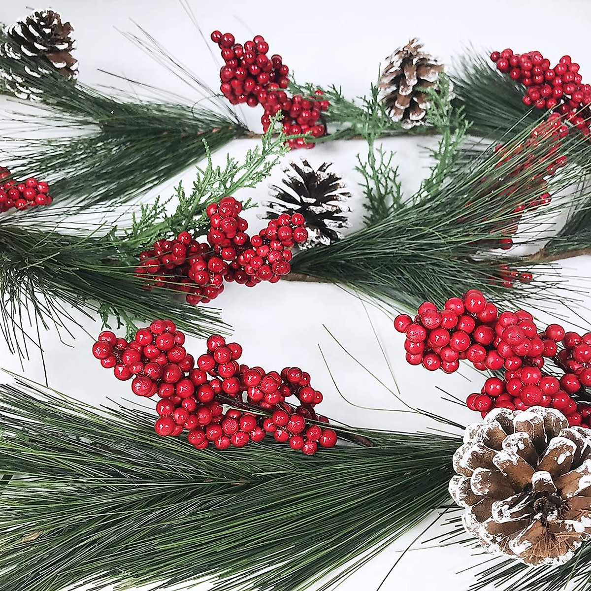 6.6 feet Artificial Christmas Pine Garland with Berries Pinecones Cypress Winter Greenery Garland for Holiday Season Mantel Fireplace Table Runner Centerpiece Decoration