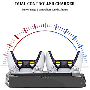 Cooling Fan Vertical Stand Compatible with Playstation 5 with DualSense Controller Charging Station and 14 Game Slots - 4 Thumbstick Caps Included