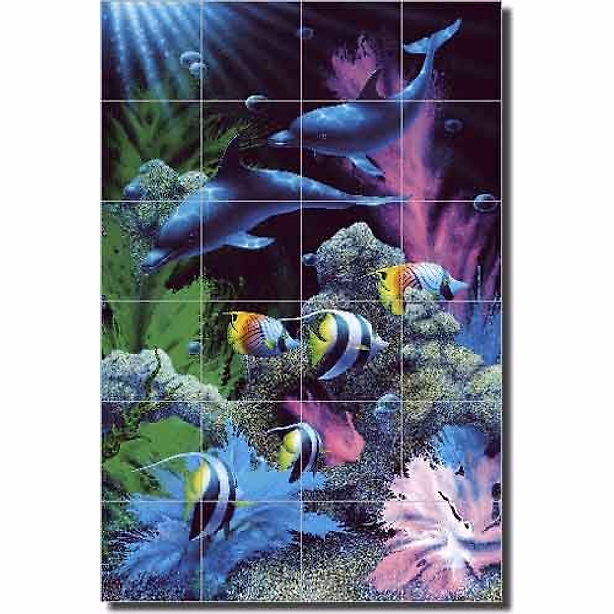 Dolphin Undersea Ceramic Tile Mural Backsplash 24" x 36" "Enchanted Waters" by David Miller - Wall Shower Backsplash