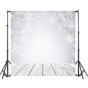 Leyiyi 7x7ft Photography Background Merry Christmas Backdrop Snowflake Wooden Floor Frost Cold Winter Snowcovered White World Blank Bokeh Fir Happy New Year Photo Portrait Vinyl Studio Prop
