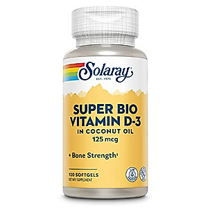 SOLARAY Super Bio Vitamin D-3 in Coconut Oil, Healthy Bone Strength & Immune Support, No Soy, 120 Softgels