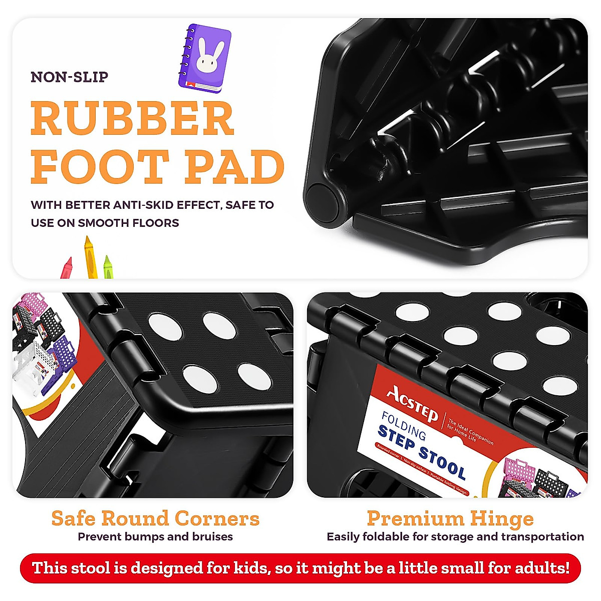 ACSTEP Folding Step Stool Foldable Stool 7.5 Inch Height Kids Step Stool, 300 lb Capacity Plastic Collapsible Stool, Stepping Stool with Handle Black Small Step Stool, Foot Stool Suitable for Kitchen