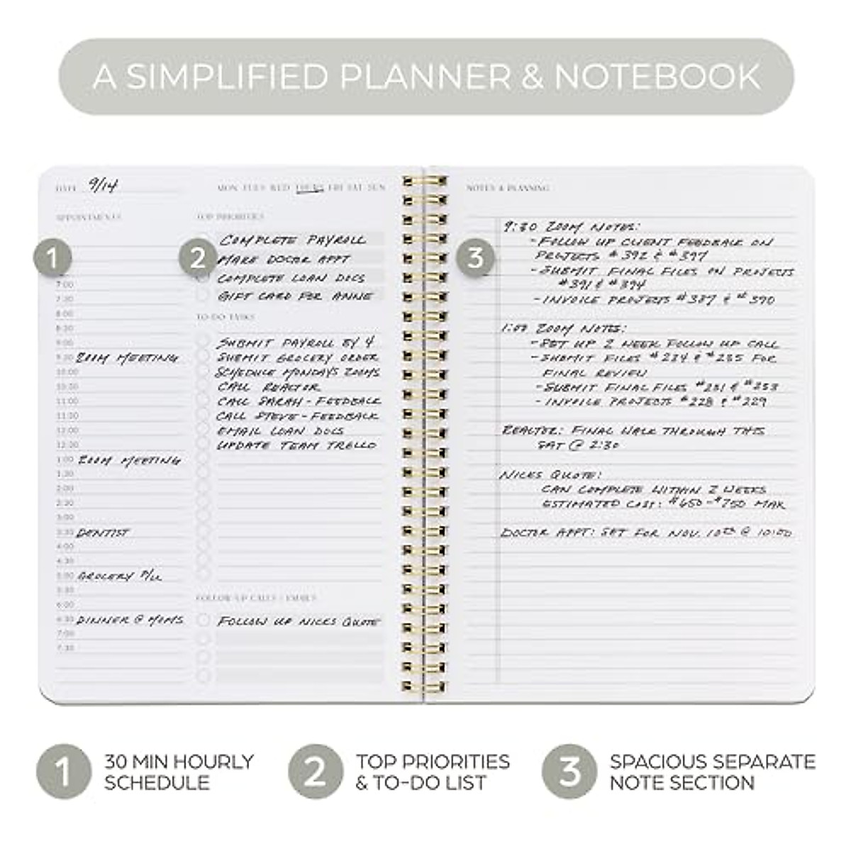 Simplified Daily Planner And Notebook With Hourly Schedule - Aesthetic Spiral To do List Notepad to Easily Organize Your Tasks And Appointments - Stylish Book And School Or Office Supplies For Women