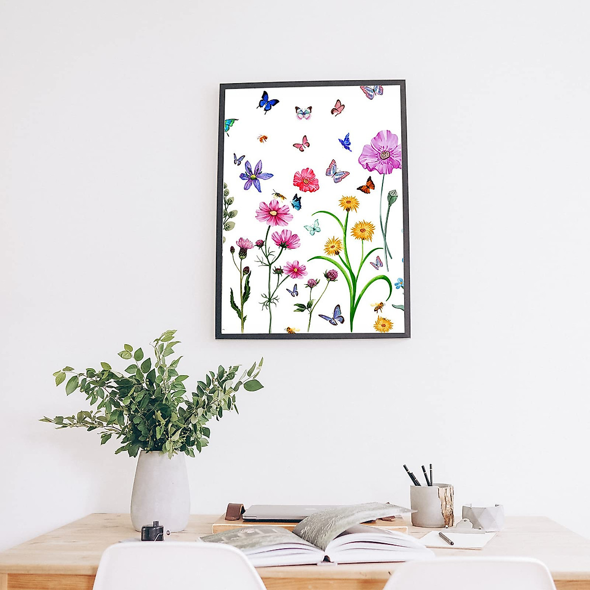 PDCTACST Colorful Flower Wall Decals with Butterfly and Bee, Large Floral Clusters Butterfly Wall Stickers DIY Peel and Stick, Removable PVC Art Wall Decor Mural for Nursery Baby Kids Room