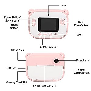 Printing Camera, Instant Print Camera One‑Click Portable Digital Camera for Children for Kid(Pink)