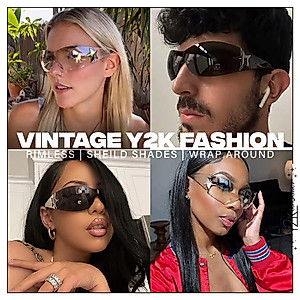 Y2K Sunglasses | 2000s Rimless Star Glasses for Women and Men - Shield Shades Wrap Around Oversized (2000s Y2K Trendy Outfit) (White+Black Shade)