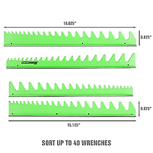 OEMTOOLS 22217 4 Piece Magnetic Rail Wrench Organizer, Magnetic Tool Box Accessories, Wrench Organizers Magnetic, Green