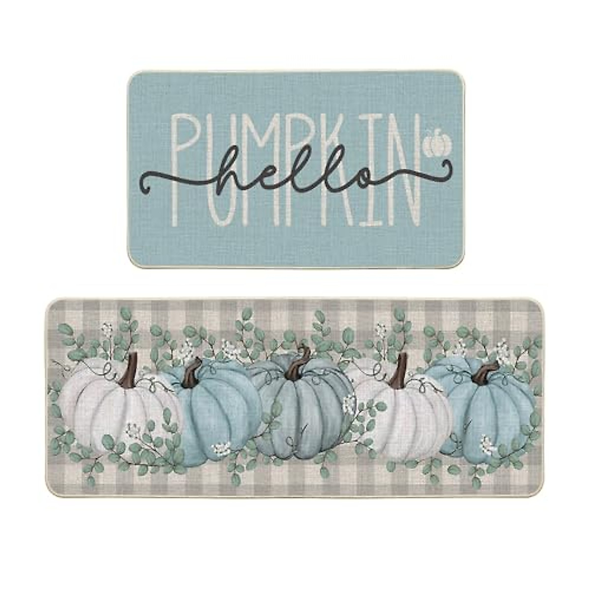 Artoid Mode Buffalo Plaid Hello Pumpkin Eucalyptus Fall Kitchen Mats Set of 2, Home Decor Low-Profile Kitchen Rugs for Floor - 17x29 and 17x47 Inch