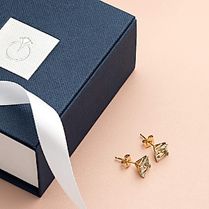 Peora 14K Yellow Gold Green Amethyst Stud Earrings for Women, Genuine Gemstone Solitaire Princess Cut, 6mm, 2 Carats total, Friction Back