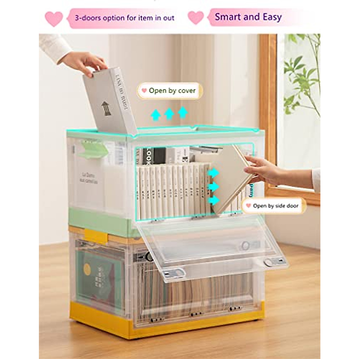 Foldable plastic storage box - 56 Liter (Large - 3 set combo (Yellow, Green, White), Transparent)