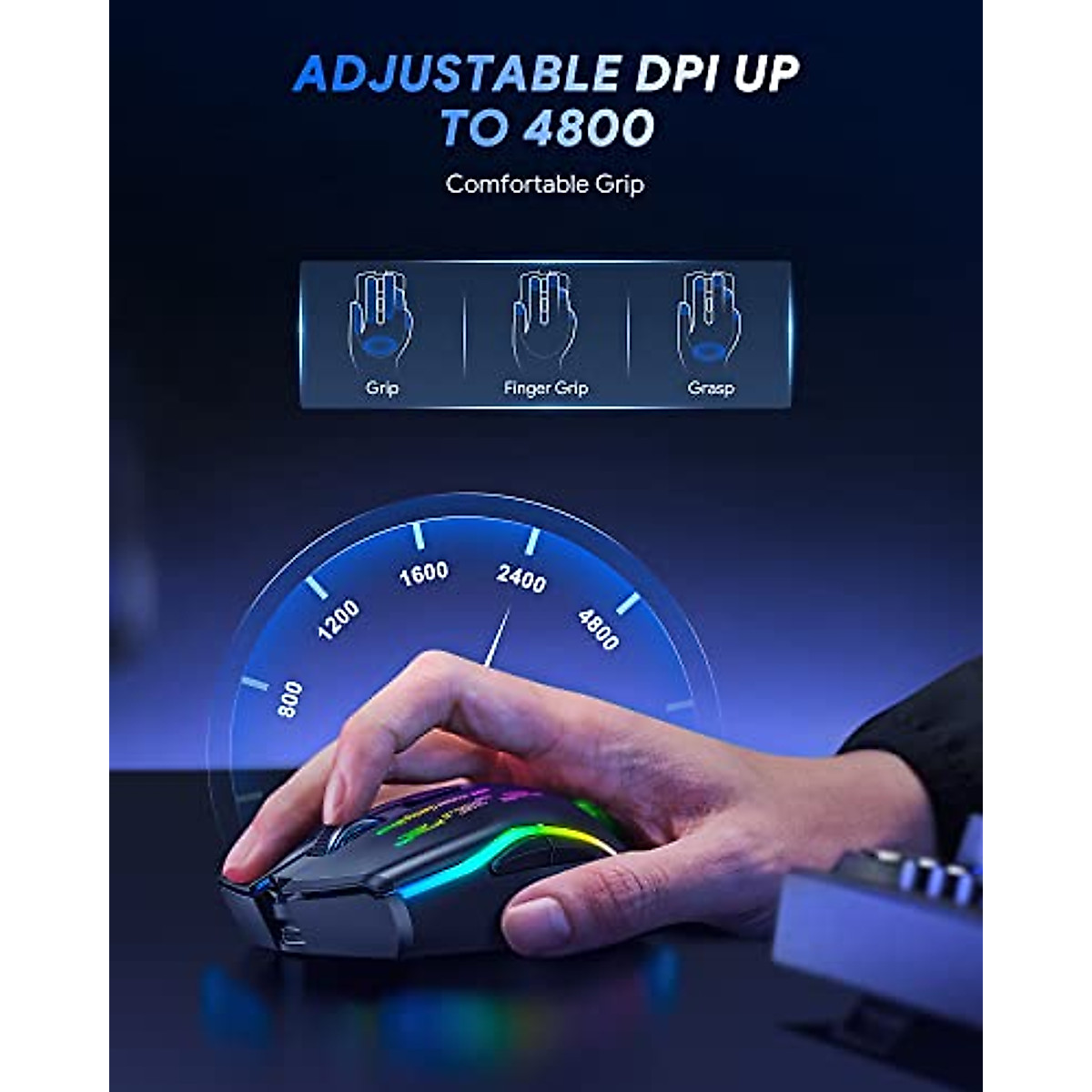 TECURS Gaming Mouse Wireless Gaming Mouse,USB Optical Computer Mouse Mice with 5 LED Lights,Rechargeable Gamer Mouse,4800 DPI for Laptop PC Gamer Desktop Chromebook Mac,Black