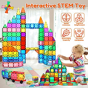 Magnetic Tiles,100PCS Magnet Building Blocks for Kids Educational Magnetic Blocks Sensory Toys Montessori Stacking Gift for 3 4 5 6 7 Year Old Boys Girls Construction STEM Toys Set with 2 Cars
