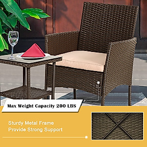 PIKAQTOP 3 Piece Small Patio Furniture Set, PE Rattan Wicker Space Saving Conversation Set with Cushions & Glass Coffee Table, Outdoor Furniture Sets for Deck Front Porch Lawn Garden Balcony Backyard