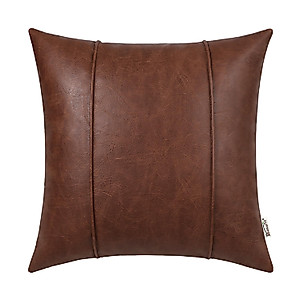 BRAWARM Dark Brown Leather Throw Pillow Covers 22 X 22 Inches - Faux Leather Pillow Cover with Piping, Hand Stitched Leather Throw Pillow for Couch Sofa Bed Living Room Home Decorative