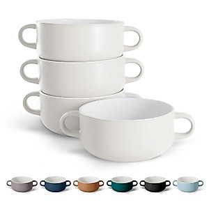 Kook Soup Crocks, Ceramic Bowls, Broil, Oven, Microwave and Dishwasher Safe, with Handles, For Casserole, Pasta, Cereal, 18 oz, Set of 4 (Coconut White)
