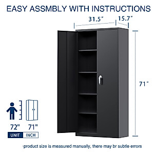 Aobabo Metal Garage Storage Cabinet,71" Lockable Metal Storage Cabinet with 2 Doors and 4 Adjustable Shelves,Black Steel Cabinet for Garage Office School Home Storage,Assembly Required