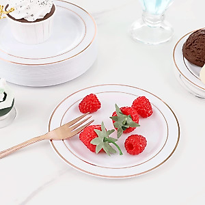 WELLIFE 240 Pieces Rose Gold Plastic Dessert Plates with Disposable Forks, Includes 120 Pcs Appetizers Plates 6.5 inch, 120 Pcs Rose Gold Forks, Perfect for Parties and Weddings