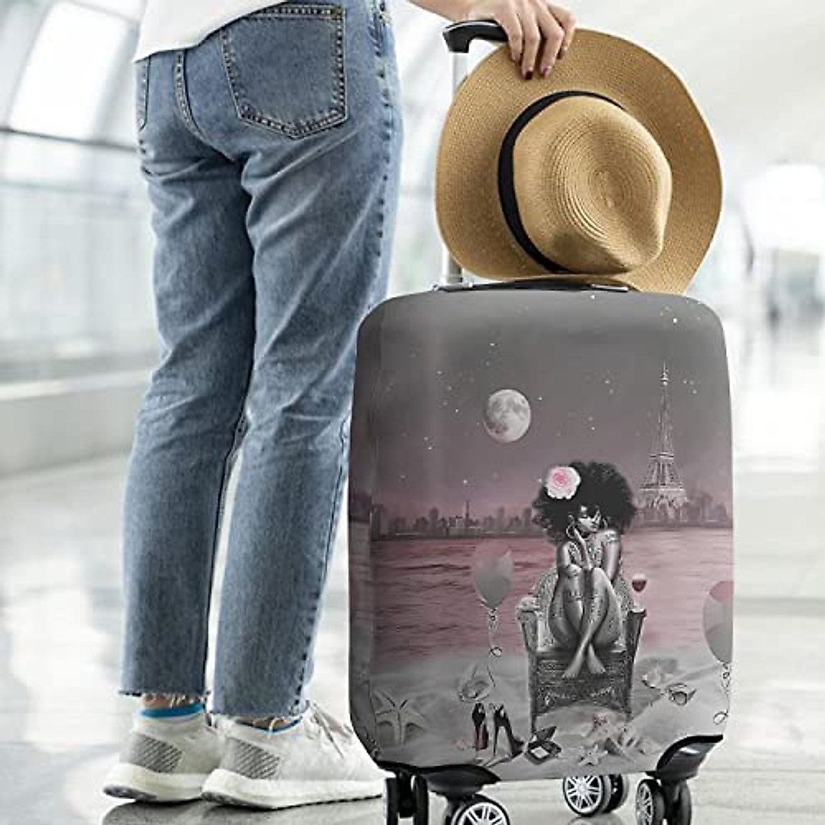 Xidingyue African American Luggage Cover Washable Women Pink And Grey On Beach Eiffel Tower Suitcase Protector Spandex Luggage Cover Fit 25-28 Inch Luggage