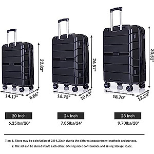 Tripcomp Luggage Sets Wear-Resistance Hardside Lightweight Suitcase Double Spinner Wheels, TSA Lock,Two Hooks, Scratch-resistant Carry-on,3 Piece Set(20inch 24inch 28inch) (Jet Black)
