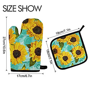 Oyihfvs Seamless Yellow Sunflowers on a Teal Blue Watercolor Texture Oven Mitts Pot Holders Sets Non-Slip Hot Pads Gloves for Kitchen Cooking Baking Grilling BBQ