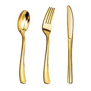 Goodluck 150 Gold Plastic Silverware, Gold Utensil Disposable, Plastic Cutlery Set of 50 Gold Forks, 50 Gold Spoons, 50 Gold Knives for Wedding, Party