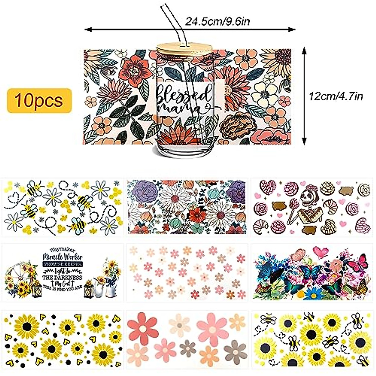 UV DTF Cup Wrap, 10 Sheets Flower Butterfly Bee Coffee Cup Rub on Transfers for Glass Cups, UV DTF Cup Wrap Transfer Stickers Decals Waterproof Rub on Transfers for Glass Cups Crafts Vintage